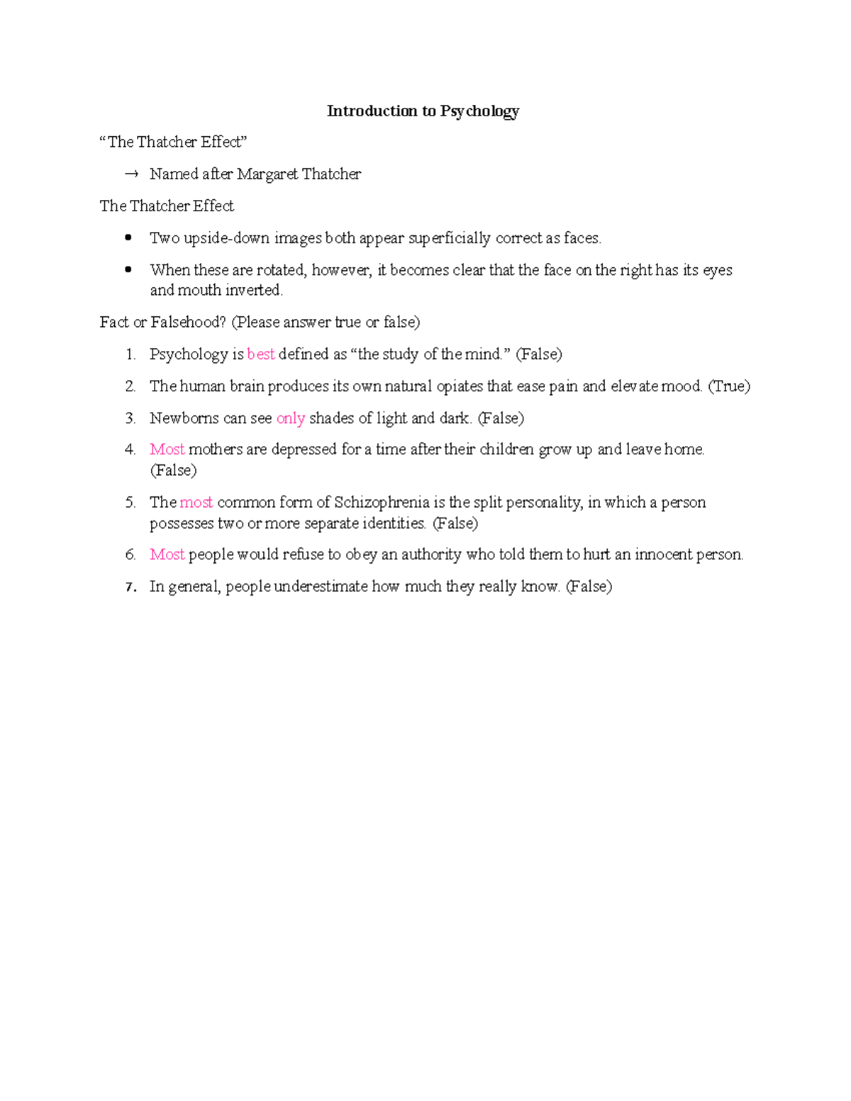 Introduction to Psychology - Introduction to Psychology “The Thatcher ...