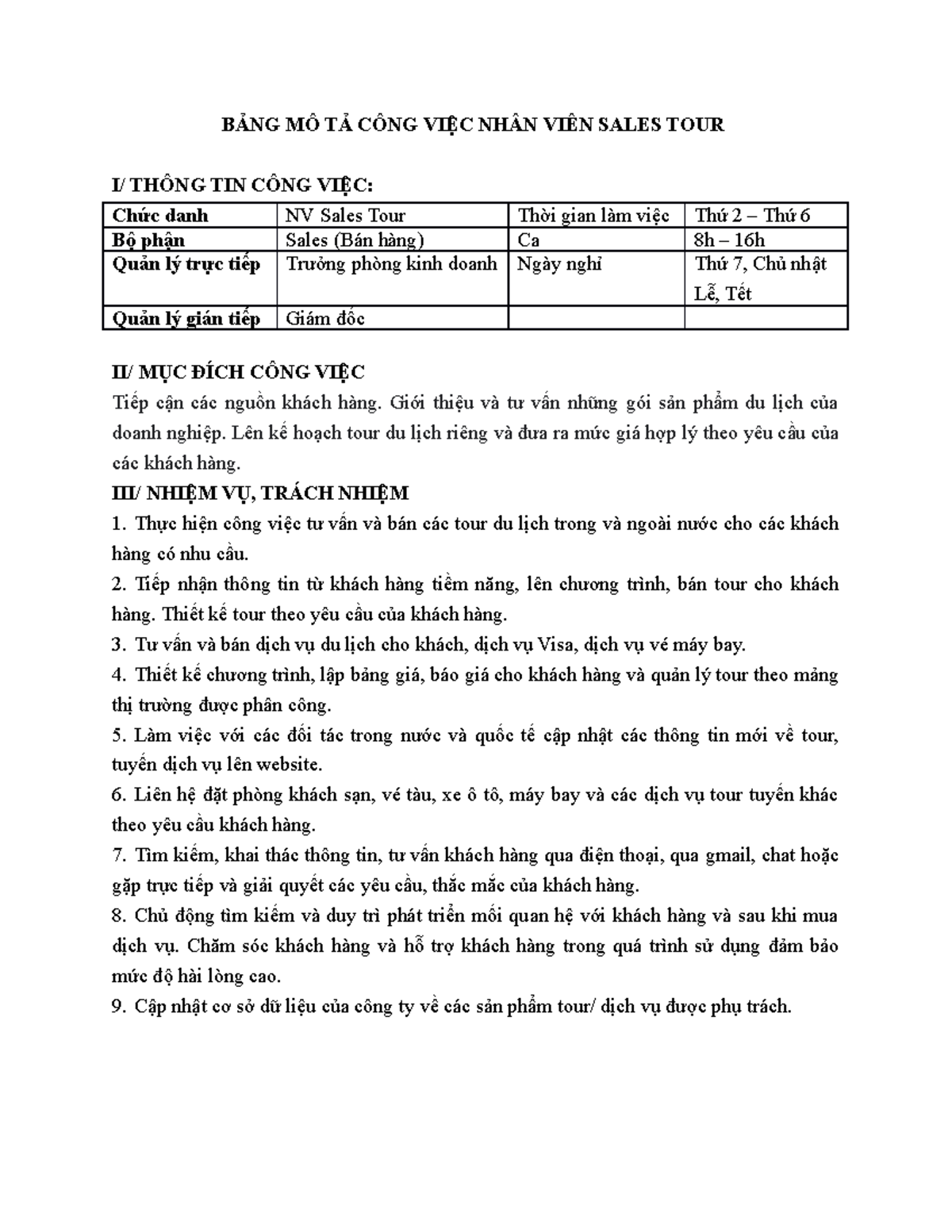 BẢNG MÔ TẢ CÔNG VIỆC NHÂN VIÊN Sales TOUR - BẢNG MÔ TẢ CÔNG VIỆC NHÂN ...