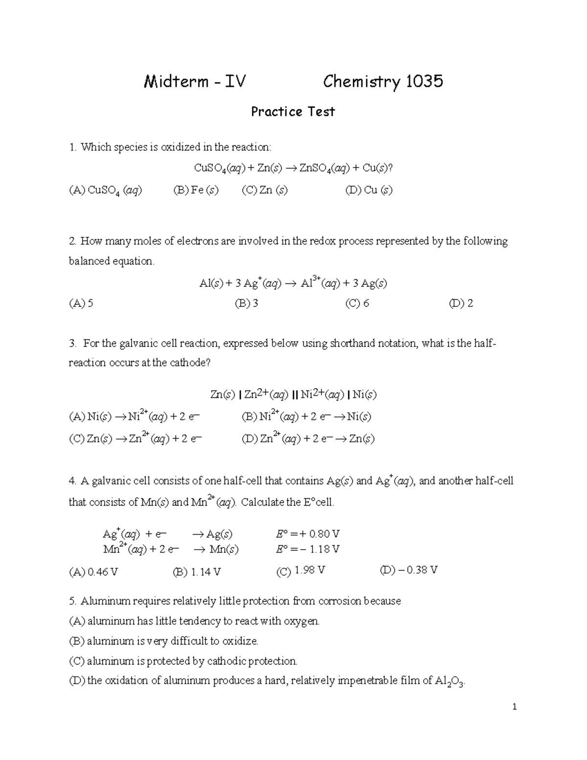 Midterm-4 Chem-1035 Practice Test - Midterm - IV Chemistry 1035 ...