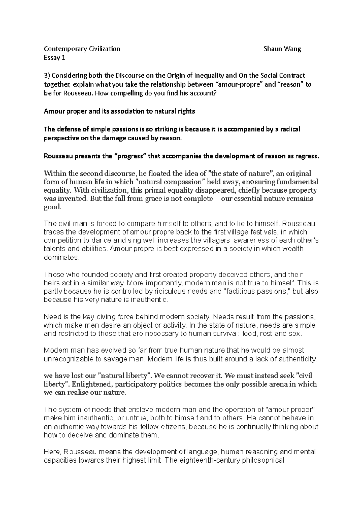 CC Essay 1 - Contemporary Civilization Shaun Wang Essay 1 Considering ...