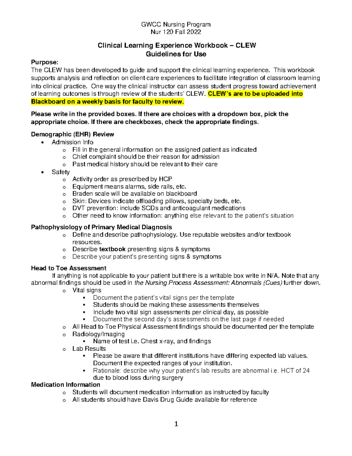 Nur 120 Fall 2022 CLEW guidelines - GWCC Nursing Program Nur 120 Fall ...