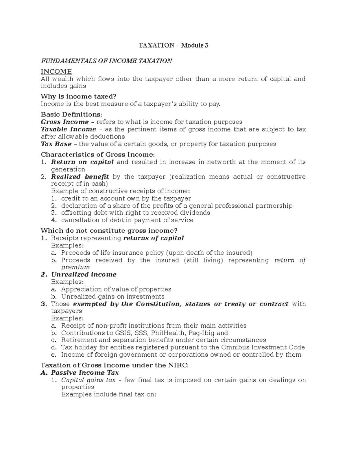 Module 3 - lecture - TAXATION – Module 3 FUNDAMENTALS OF INCOME ...