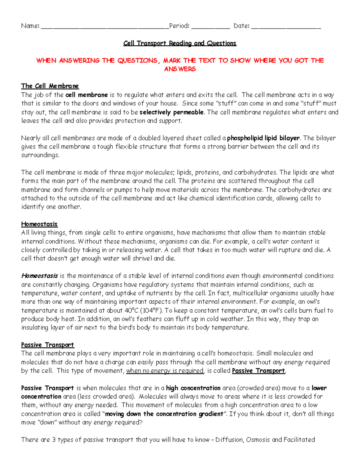 Copy of cell transport reading and questions - Name ...