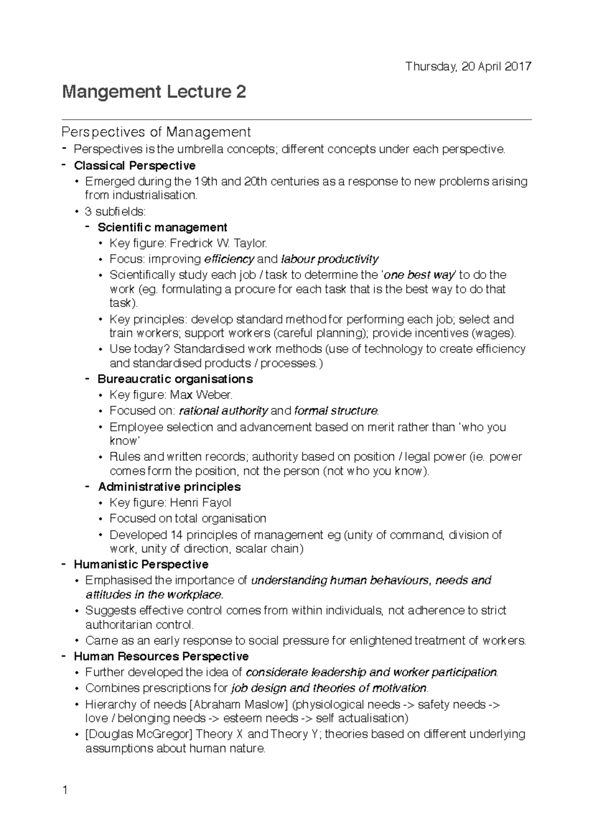 Lecture 2: Perspectives of Management - Classical Perspective • Emerged ...