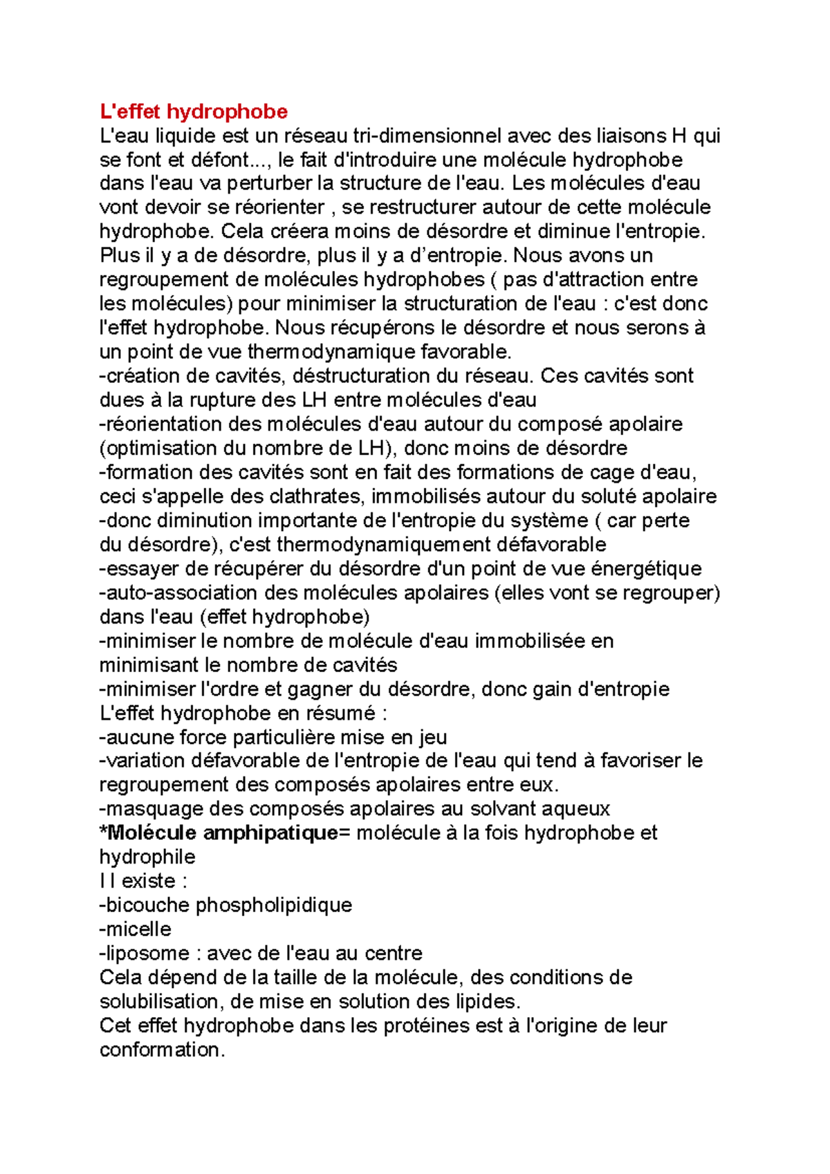 L'effet hydrophobe - L'effet hydrophobe L'eau liquide est un réseau tri ...
