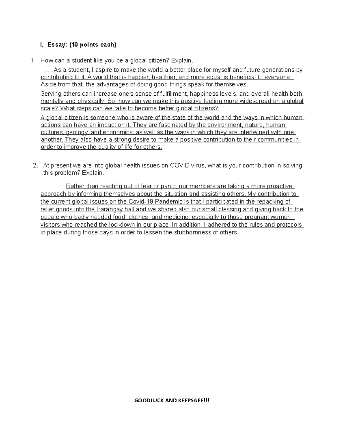 The Contemporary World - I. Essay: (10 points each) How can a student ...