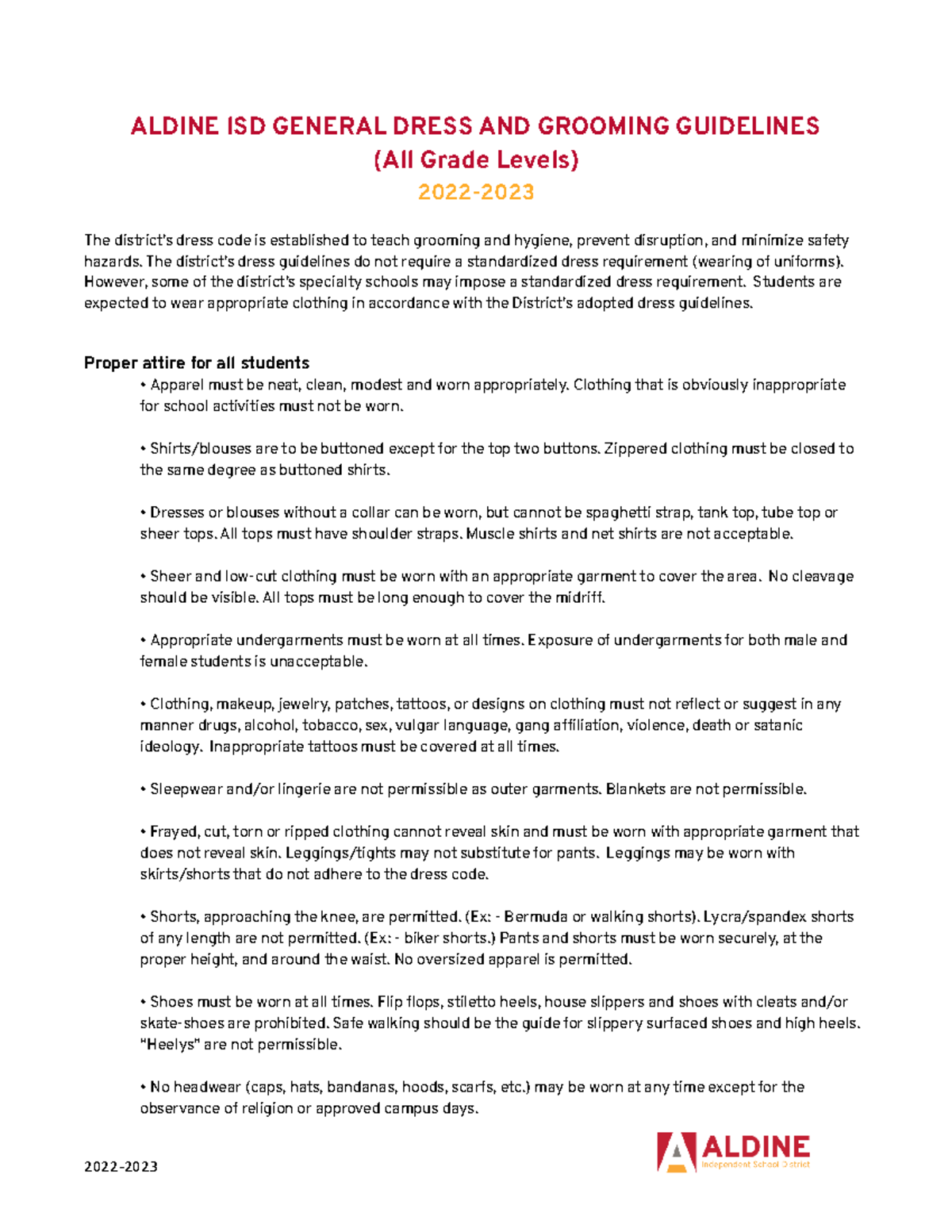 General Dress and Grooming Guidelines 2022-2023 (English) - ALDINE lSD ...