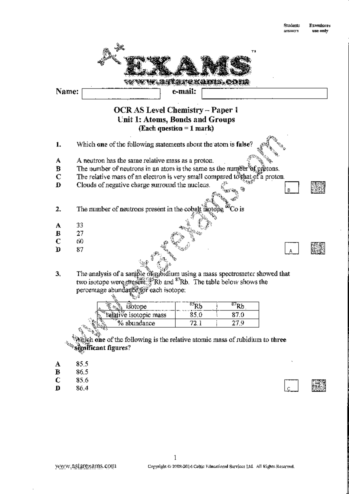 F321 Multiple Choice Paper 1 - answers use only Name:I~____________~ e ...