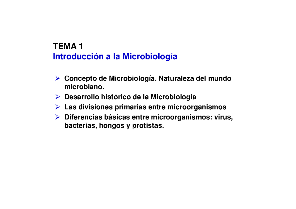 Tema 1 - Introducción - TEMA 1 Introducción a la Microbiología Concepto de Microbiología. - Studocu