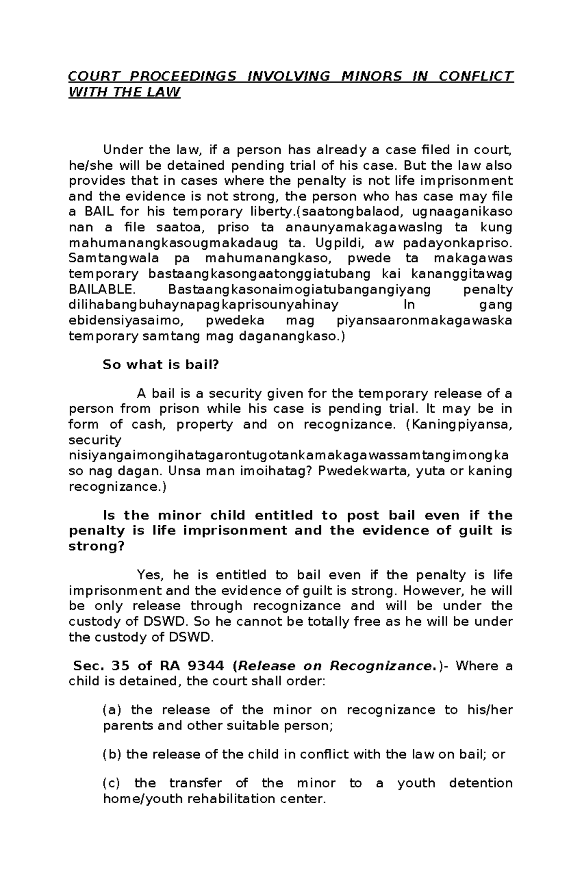 Court Proceedings Involving Minors IN Conflict WITH THE LAW - COURT ...