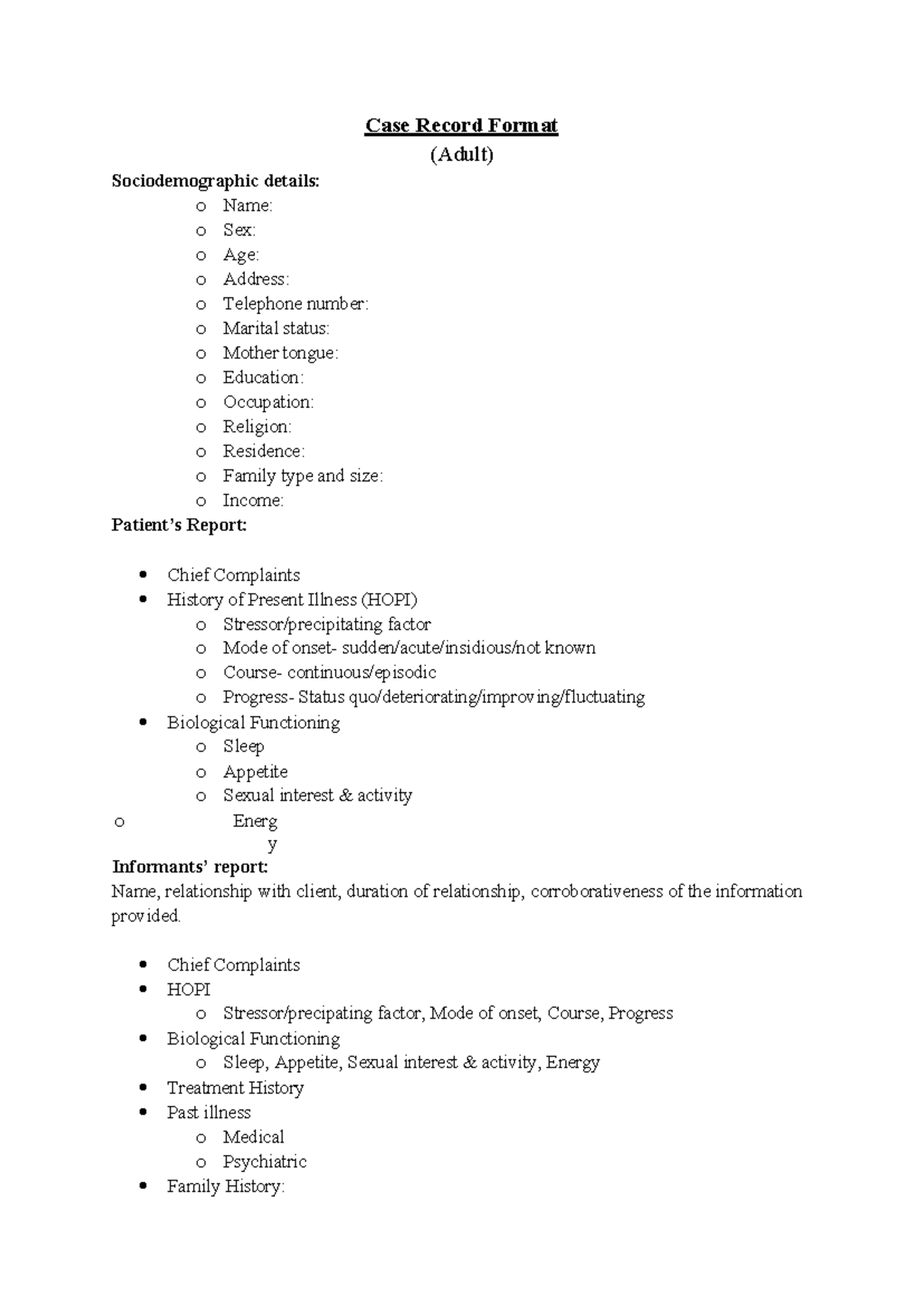 Case Record Format.docx adult - Sociodemographic details: o Name: o Sex ...