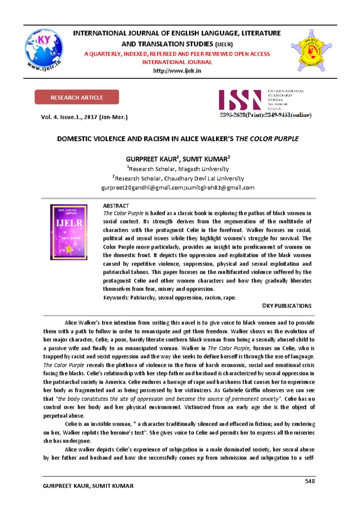 Domestic Violence AND Racism IN Alice Walker’S THE Color Purple - 548 ...