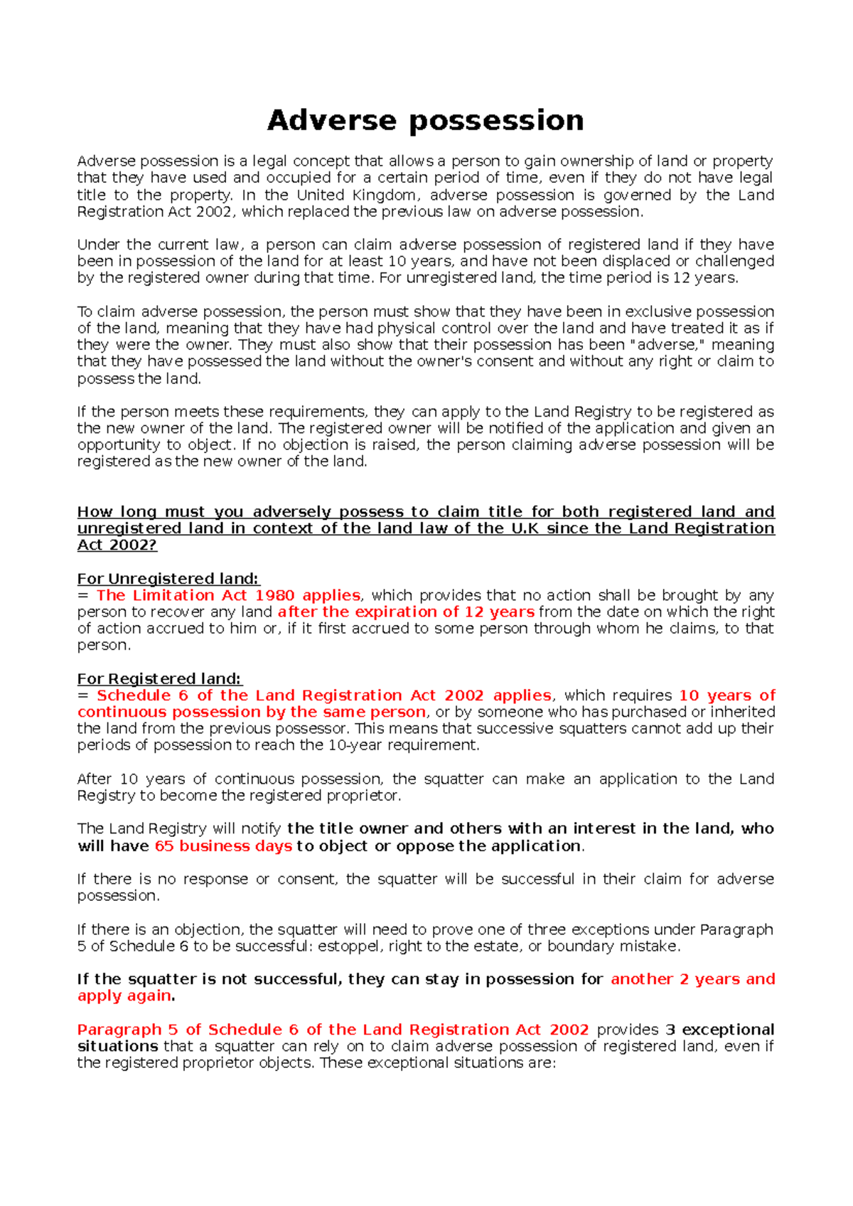 Adverse possession - A short summary of AP - Adverse possession Adverse ...