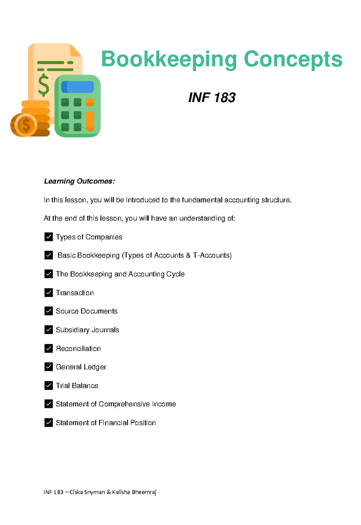 Bookkeeping Concepts Notes - INF 183 Learning Outcomes: In this lesson ...