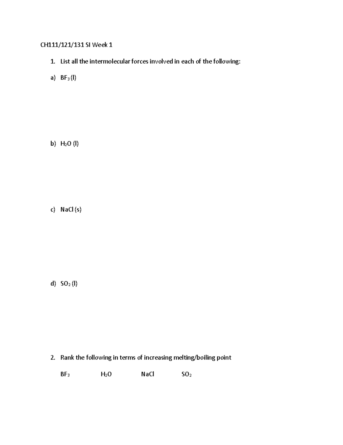 CH111 SI Session 1 - CH111 - CH111/121/131 SI Week 1 1. List all the ...