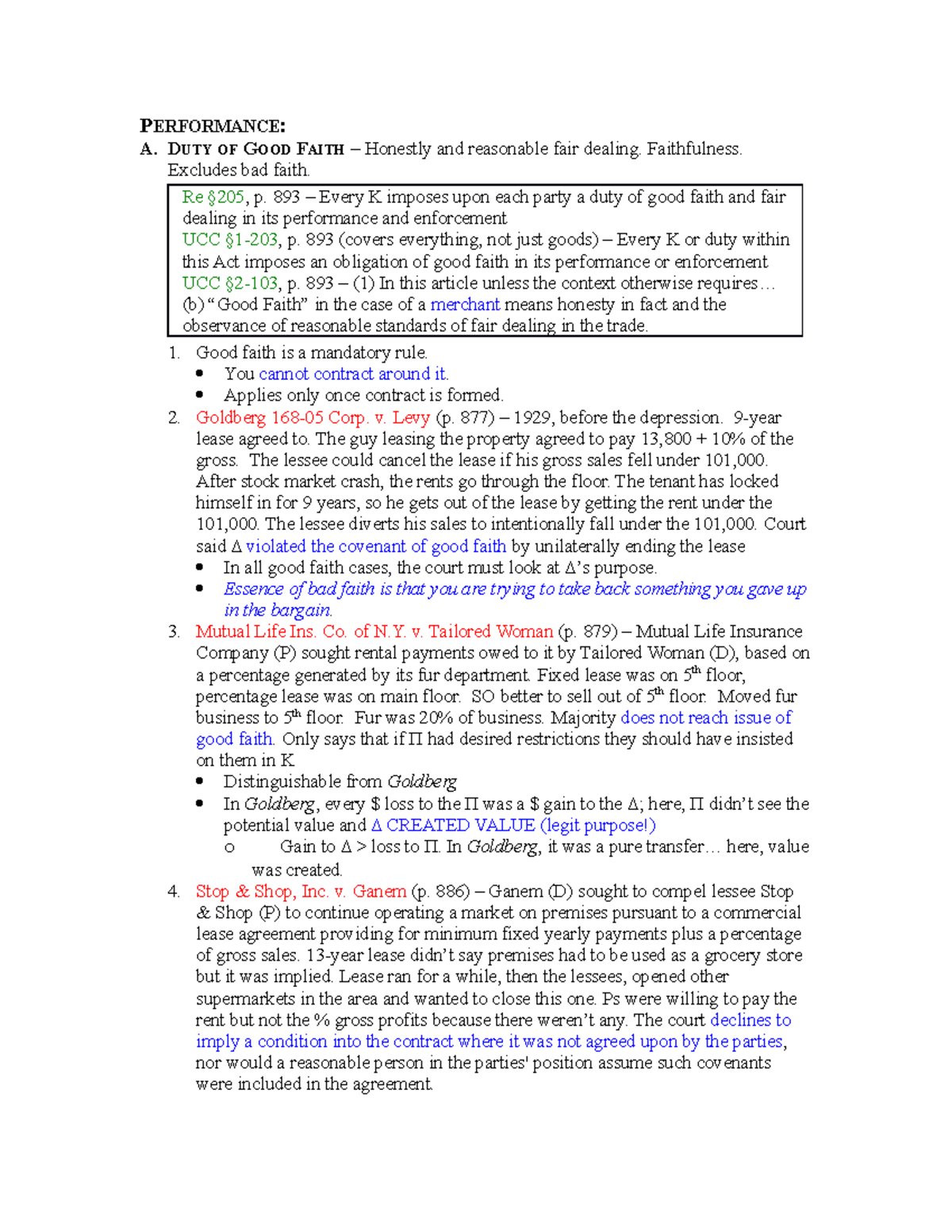 Contracts Law Outline - 2 - PERFORMANCE: A. DUTY OF GOOD FAITH ...