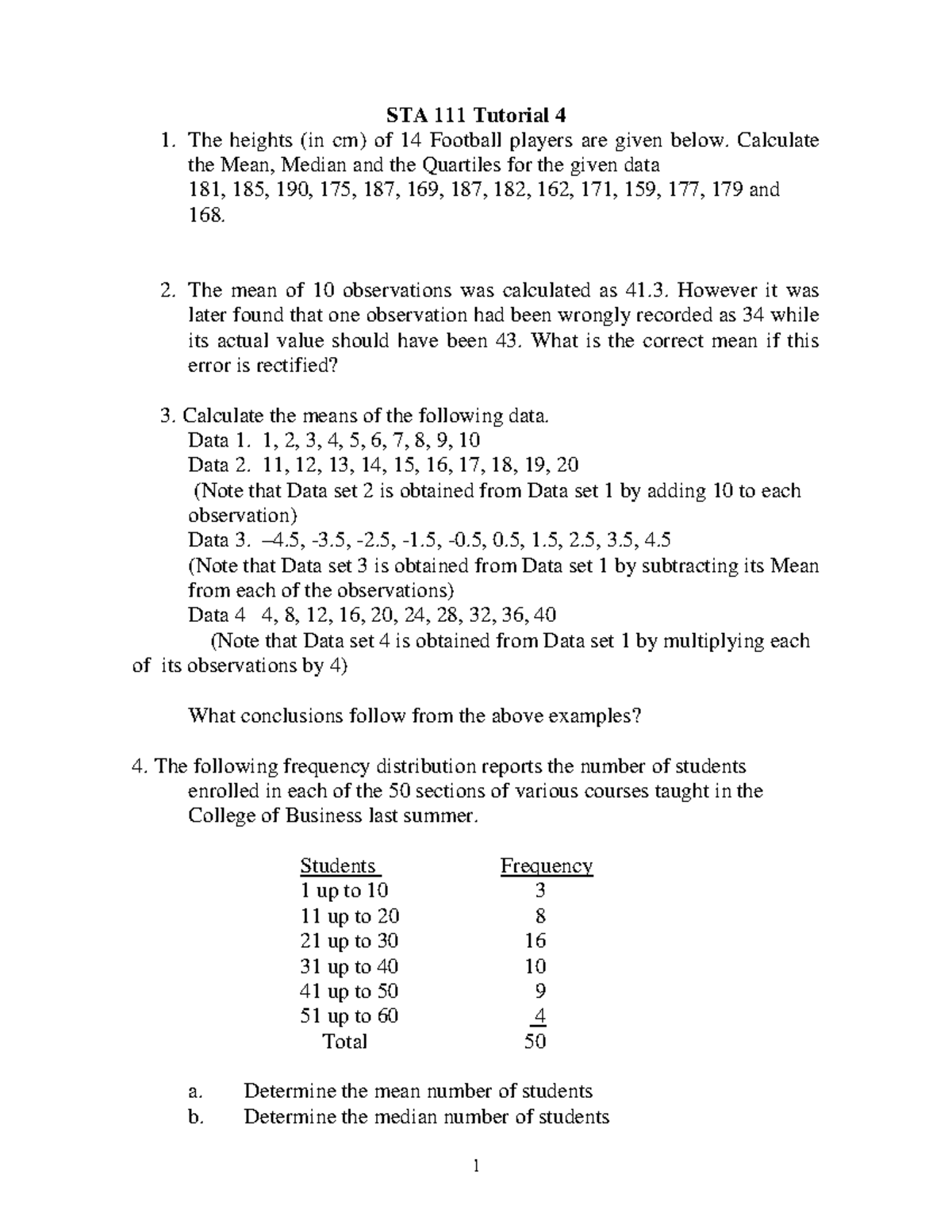 STA 111 Tutorial 4 - 1 STA 111 Tutorial 4 The heights (in cm) of 14 Football players are given ...