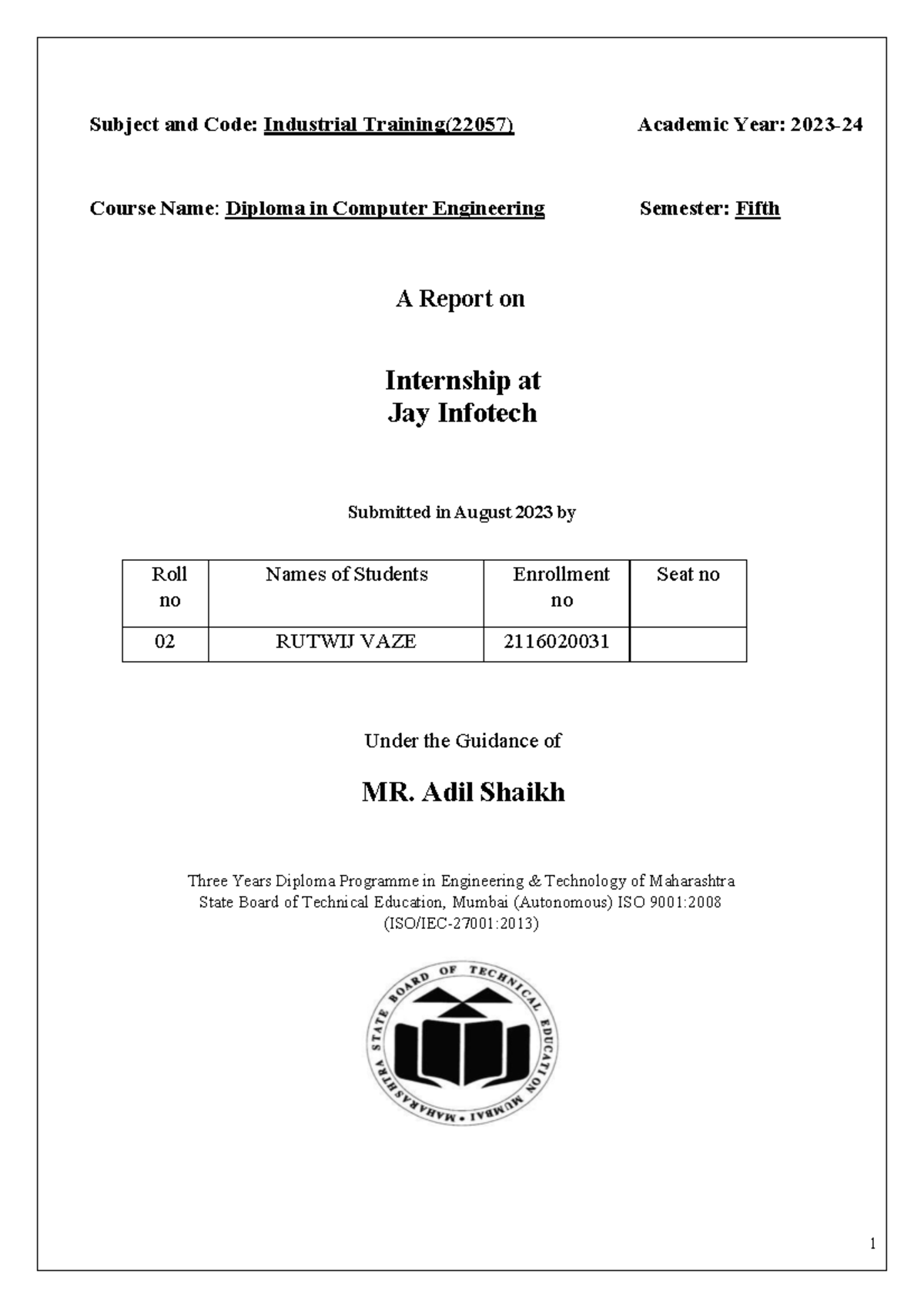 ITR Report Rutwij - Subject and Code: Industrial Training(22057 ...