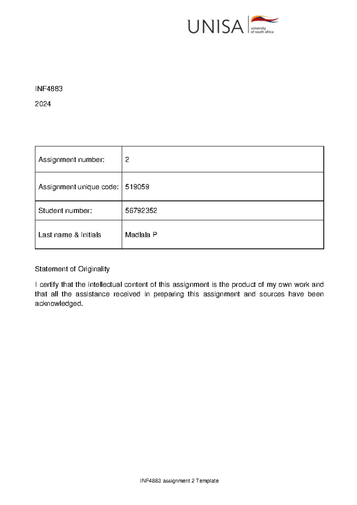 Memo Assignment 2 - Memo - INF4883 assignment 2 Template 2024 ...