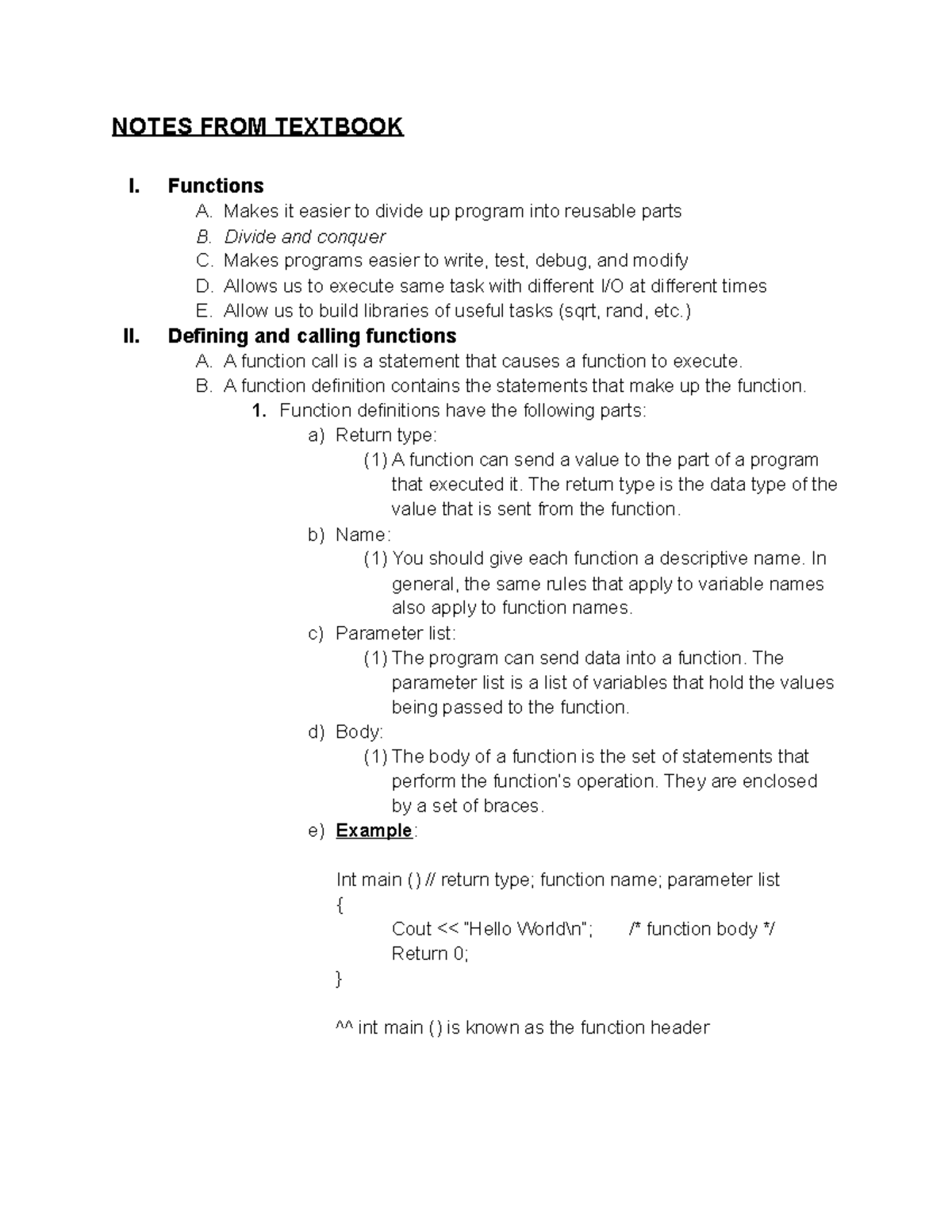 12 Functions Function In C Notes From Textbook I Functions A Makes It Easier To Divide 7030
