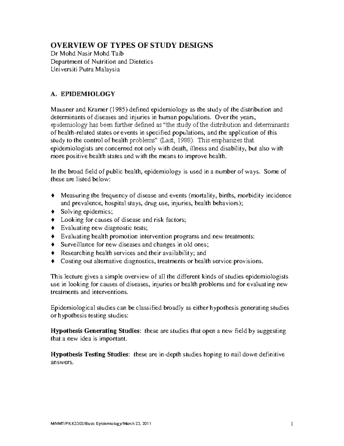 Overview OF Types OF Study Designs 23032011 - OVERVIEW OF TYPES OF ...