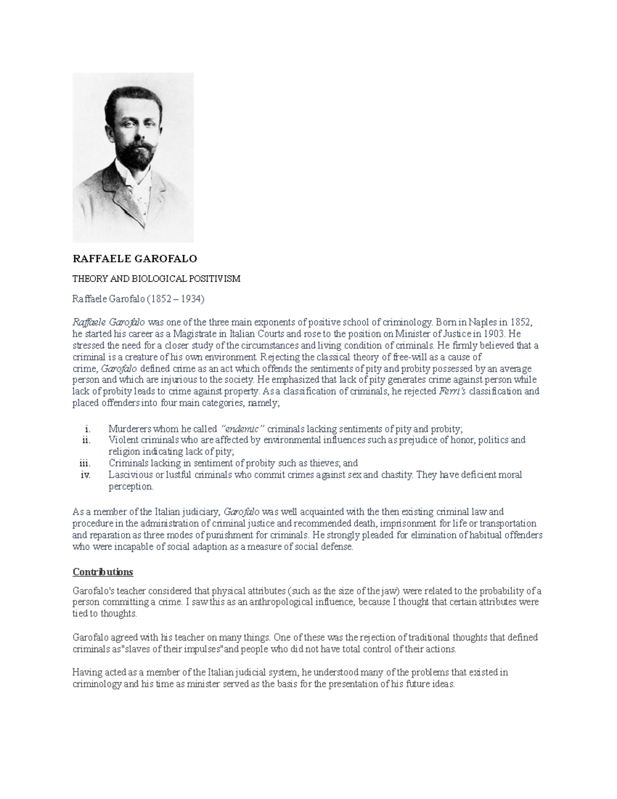 Raffaele Garofalo - RAFFAELE GAROFALO THEORY AND BIOLOGICAL POSITIVISM ...