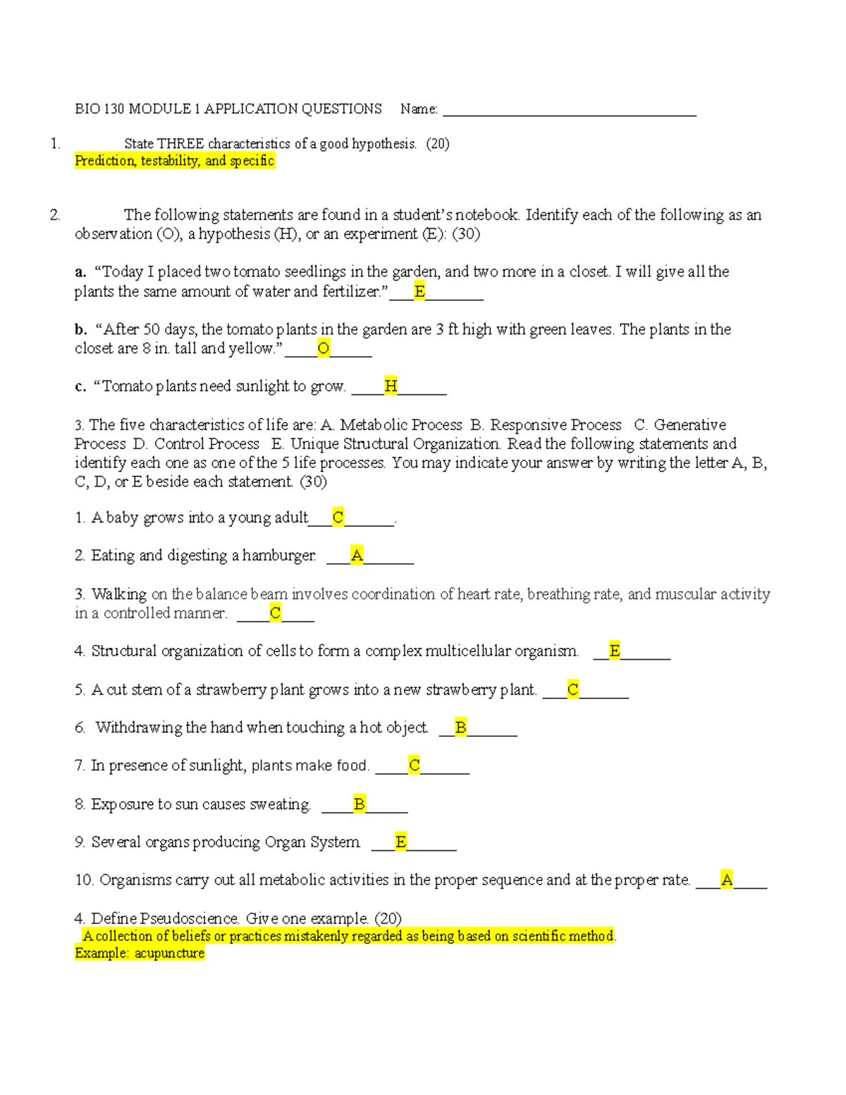 BIO 130 Module 1 Application Questions new krc - BIO 130 MODULE 1 APPLICATION QUESTIONS Name ...