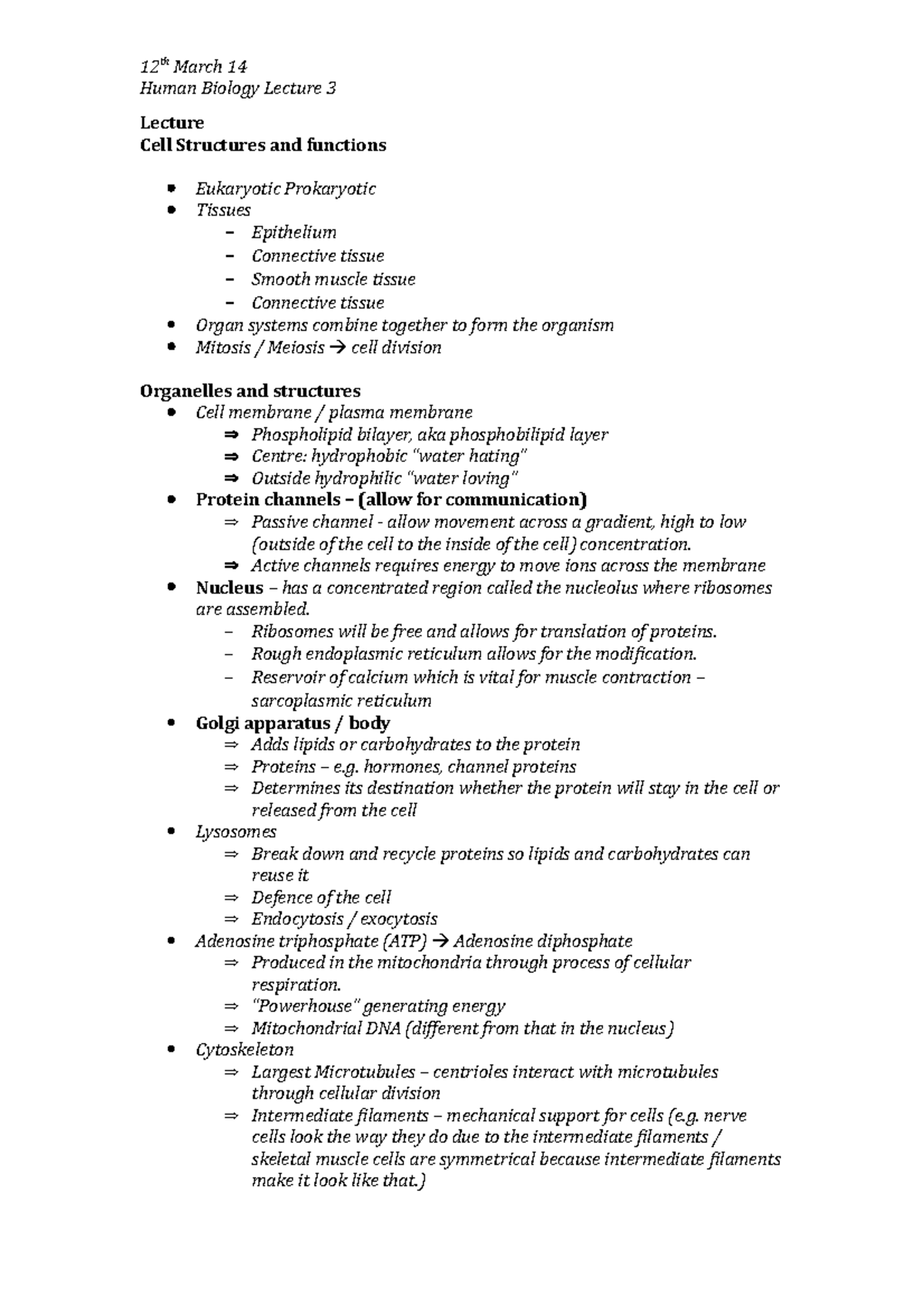 Lecture 3 Biol - Cell Structure and Function - 12th March 14 Human ...