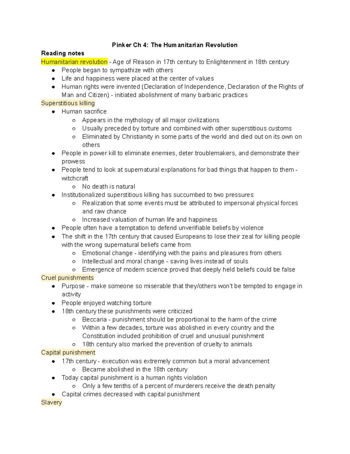 Power and Violence PSCY 4070 - Pinker Ch 4: The Humanitarian Revolution ...