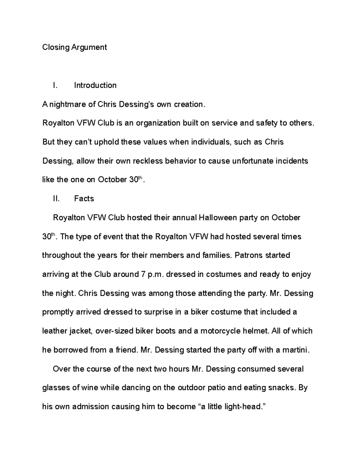Advocacy Closing Argument - Closing Argument I. Introduction A ...