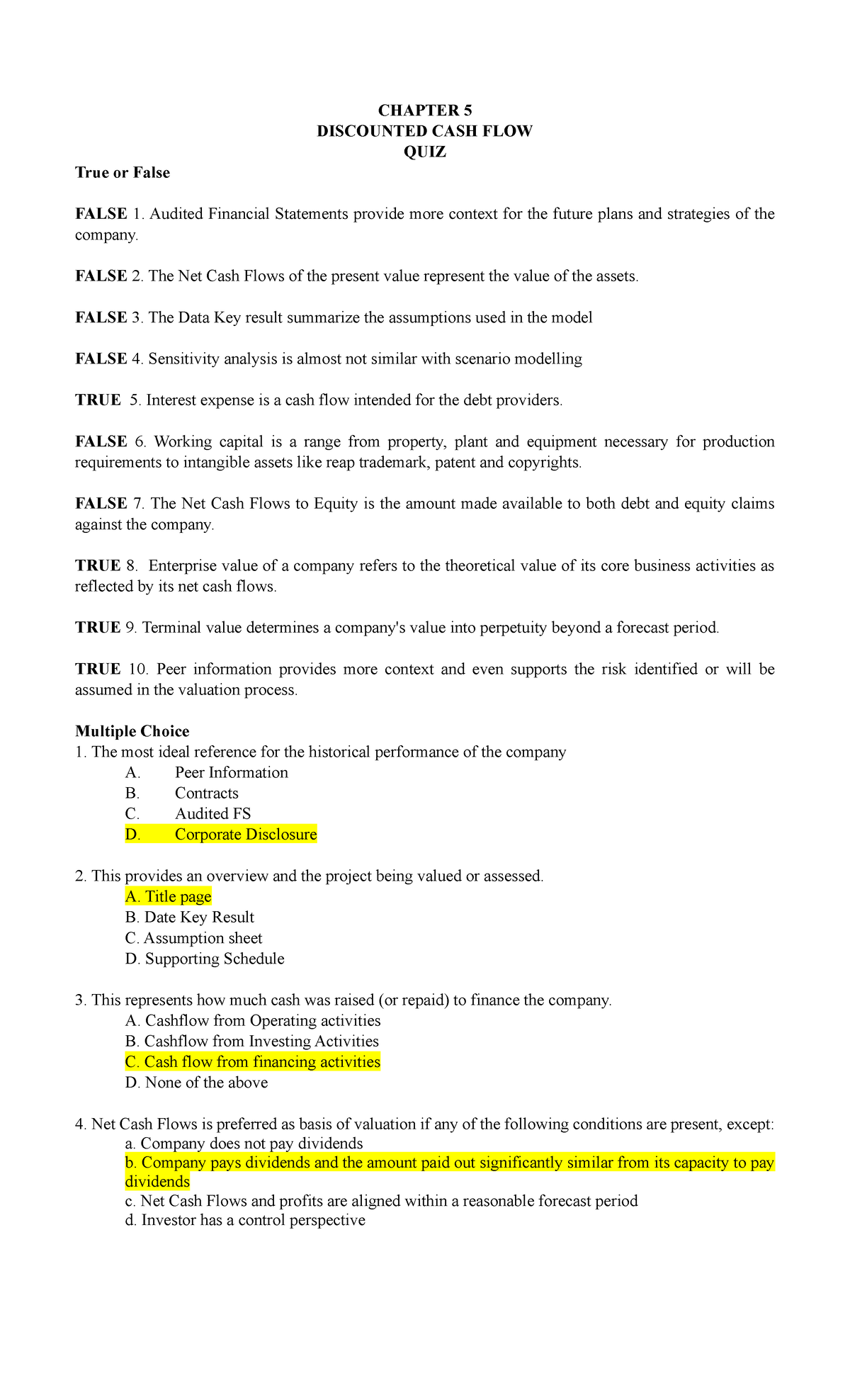 Quiz Chapter in FM - CHAPTER 5 DISCOUNTED CASH FLOW QUIZ True or False ...