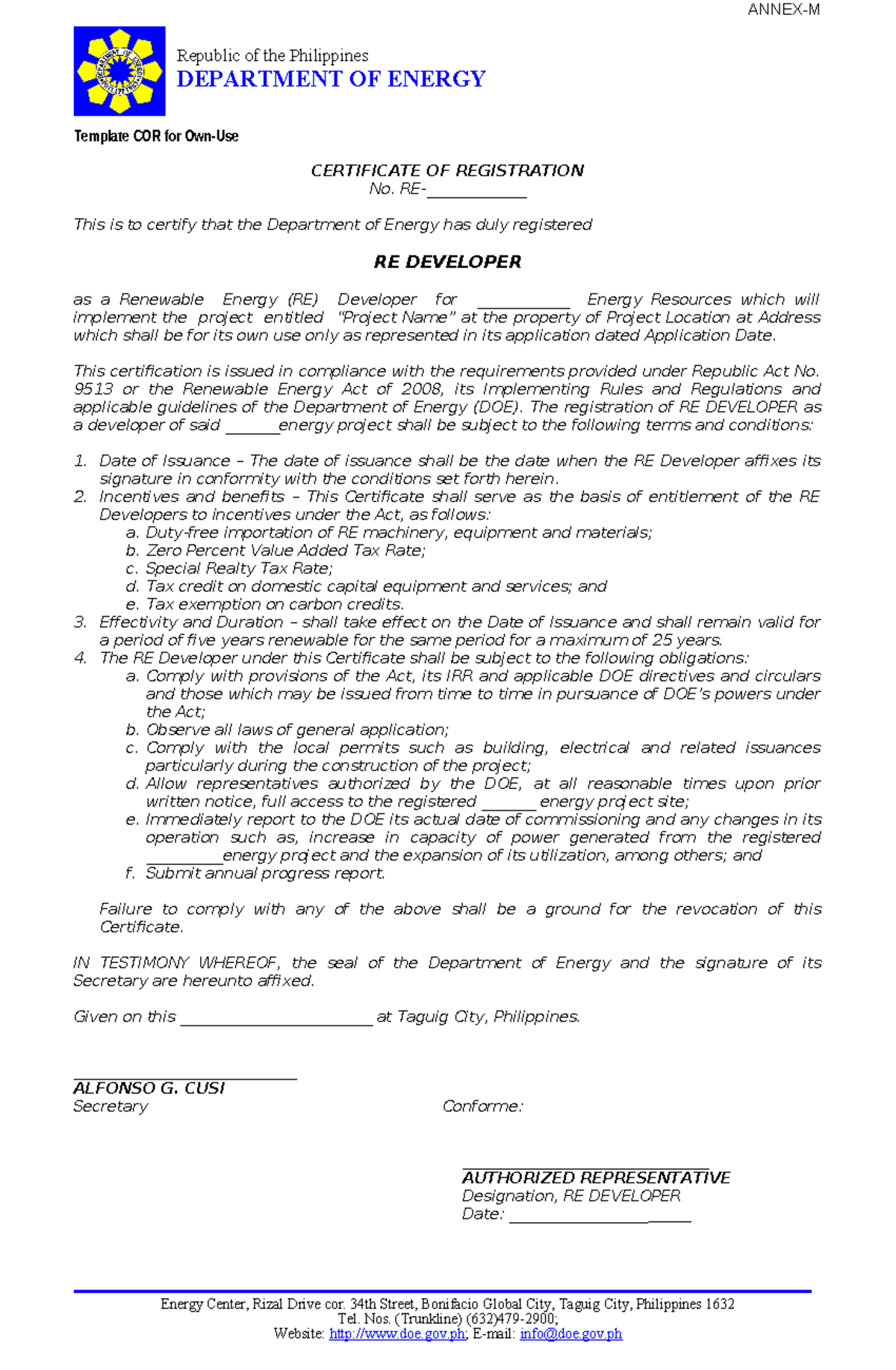 Annex.P. Template COR Own Use 0 - Republic of the Philippines DEPARTMENT OF ENERGY ANNEX-M ...