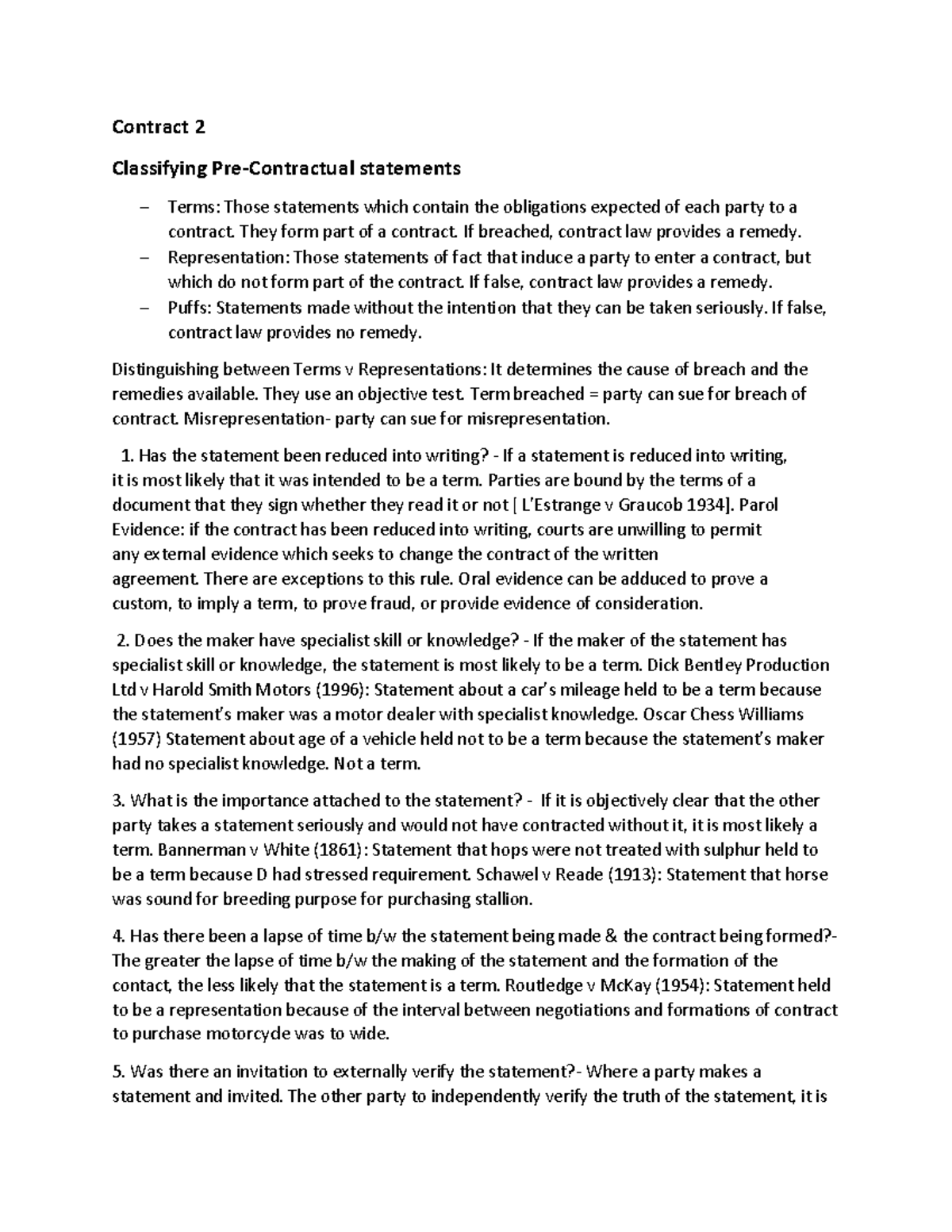 Contract Law Semester 2 work - Contract 2 Classifying Pre-Contractual ...