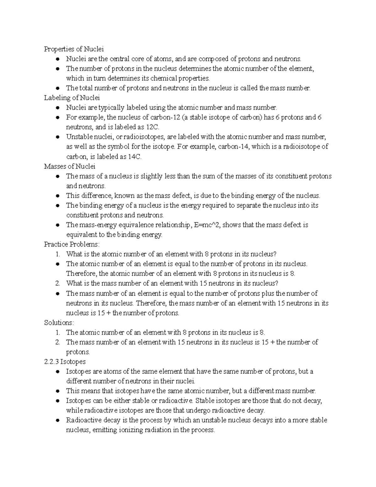Chapter 2.1 Notes - Properties of Nuclei Nuclei are the central core of ...