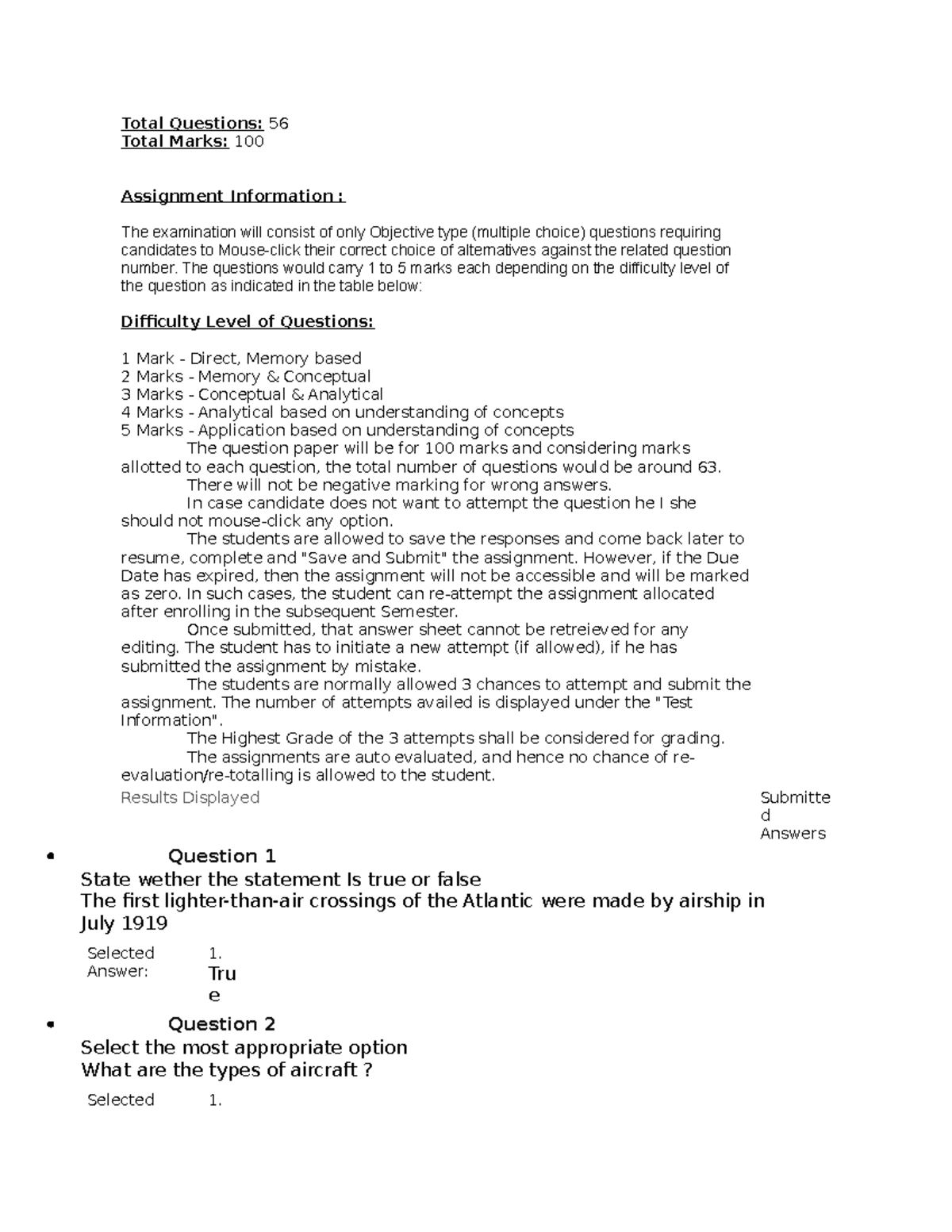 Aviation assignment 2 - Total Questions: 56 Total Marks: 100 Assignment ...
