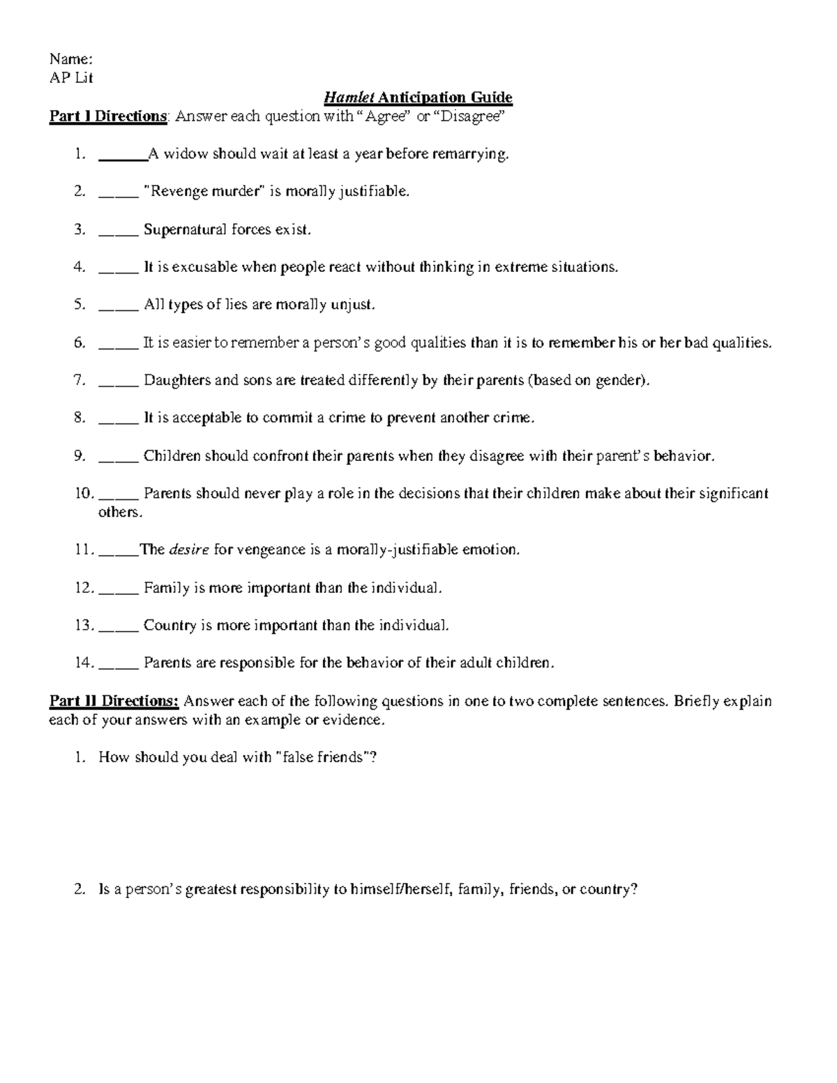 Hamlet anticipation guide - Name: AP Lit Part I Directions: Answer each ...