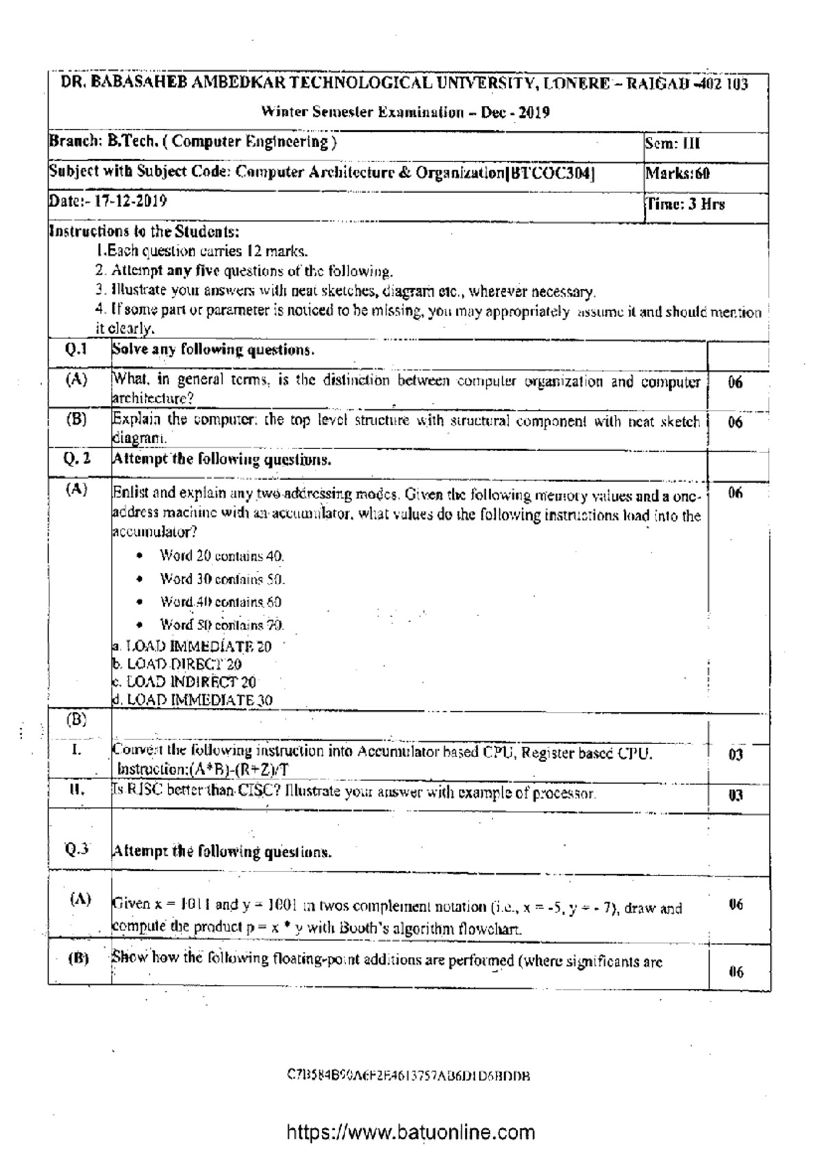 Btech comp 3 sem computer architecture and organization btcoc 304 dec 2019 - DR. BABASAHEB ...