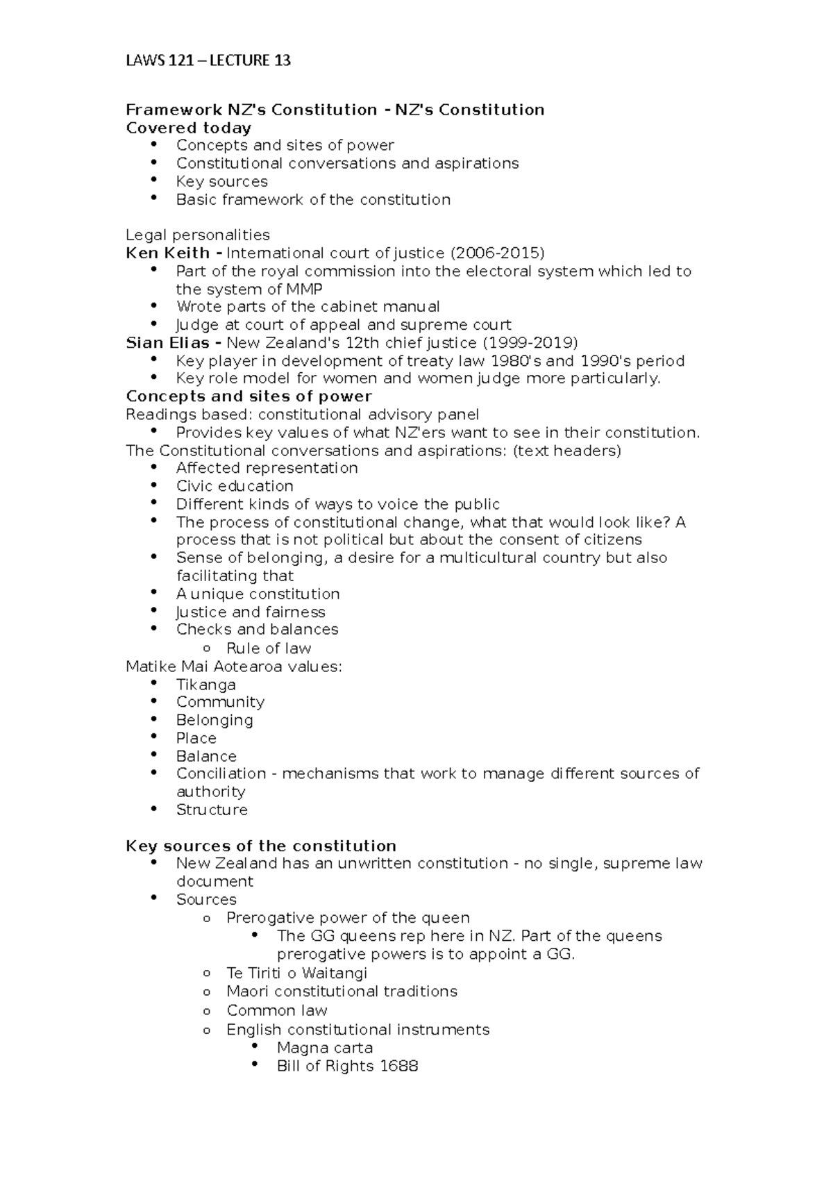 LAWS 121 – Lecture 13 - LAWS 121 – LECTURE 13 Framework NZ's Constitution - NZ's Constitution ...