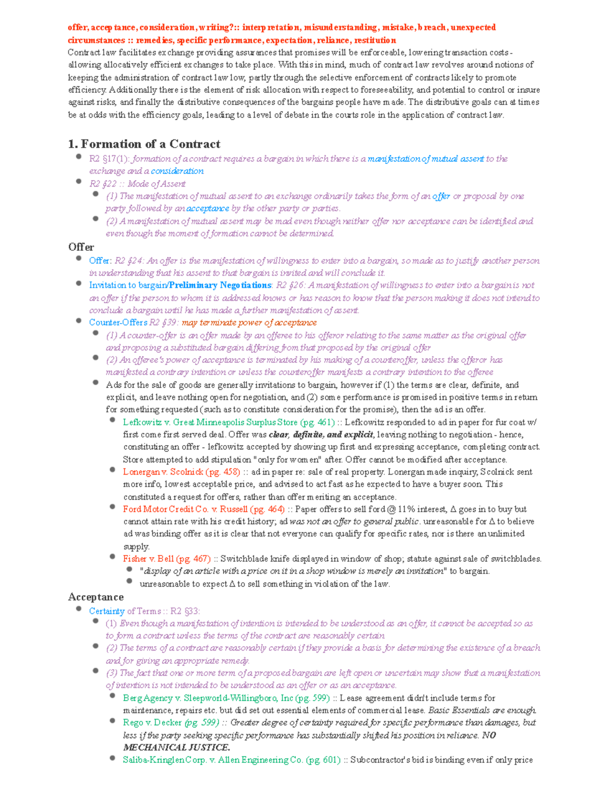 22014 4482-Contracts-Outline - offer, acceptance, consideration, writing?:: interpretation ...