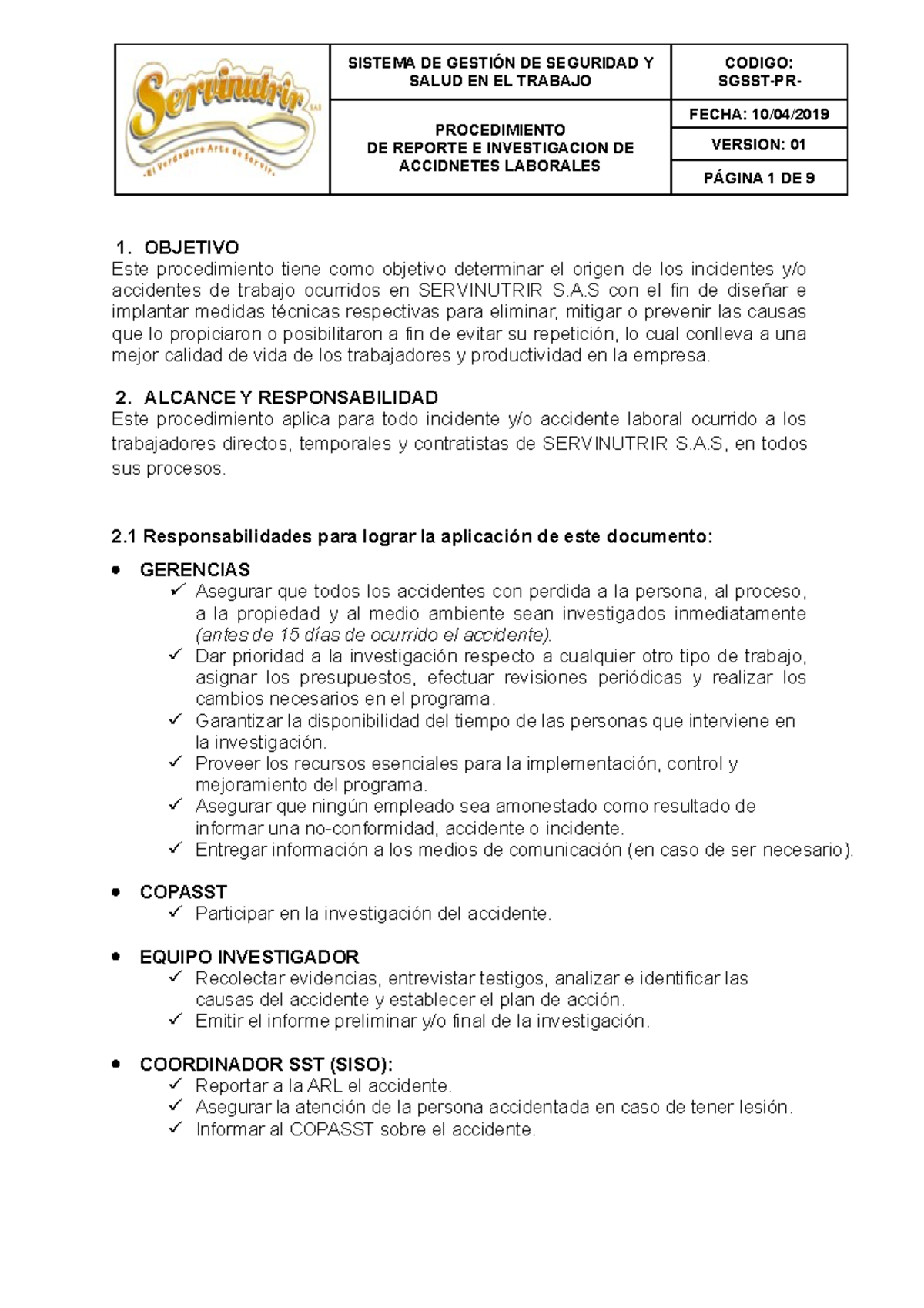 Procedimiento De Reporte Investigacion Sst Sistema De GestiÓn De