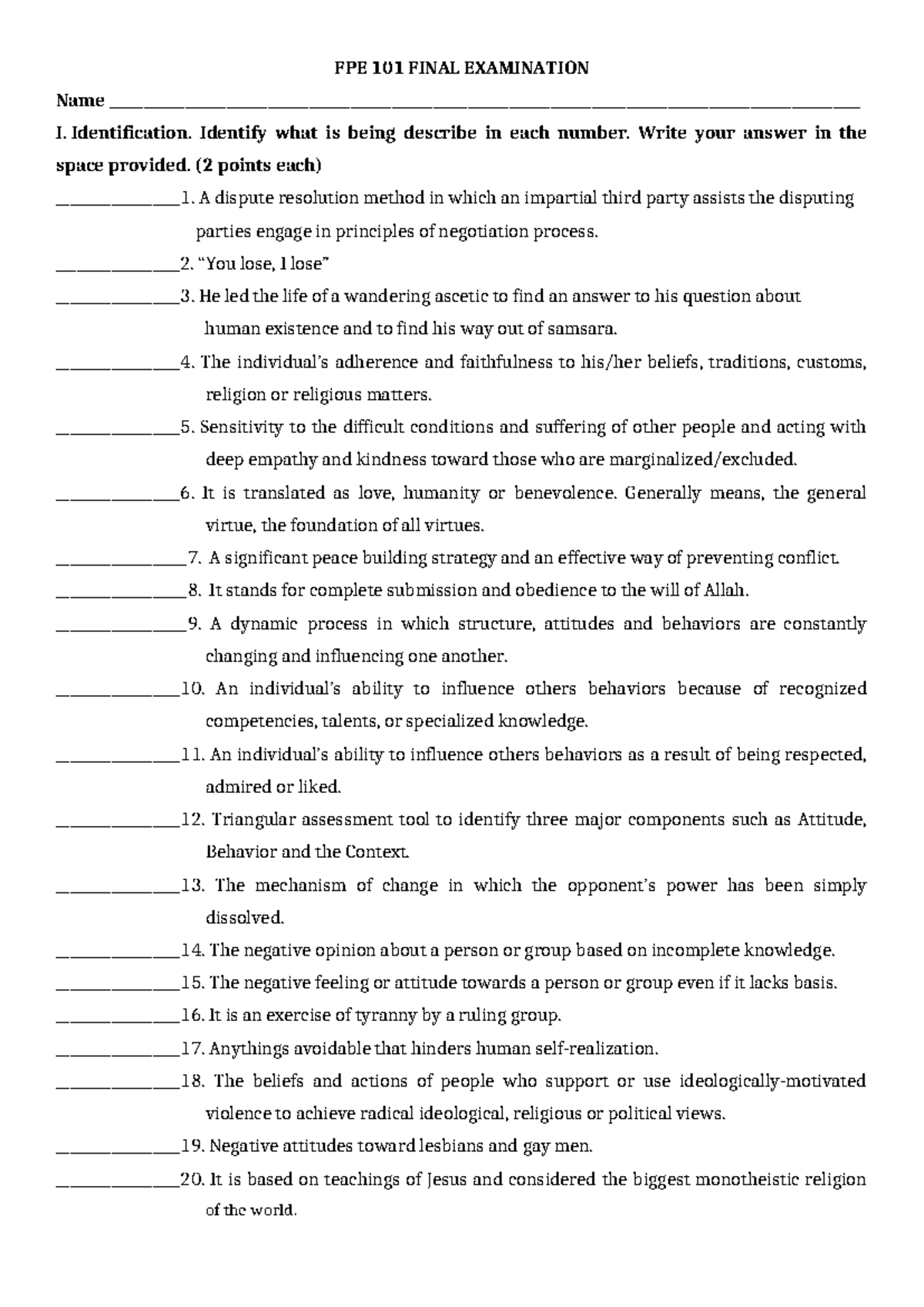 FPE 101 Final Examination - FPE 101 FINAL EXAMINATION Name - Studocu