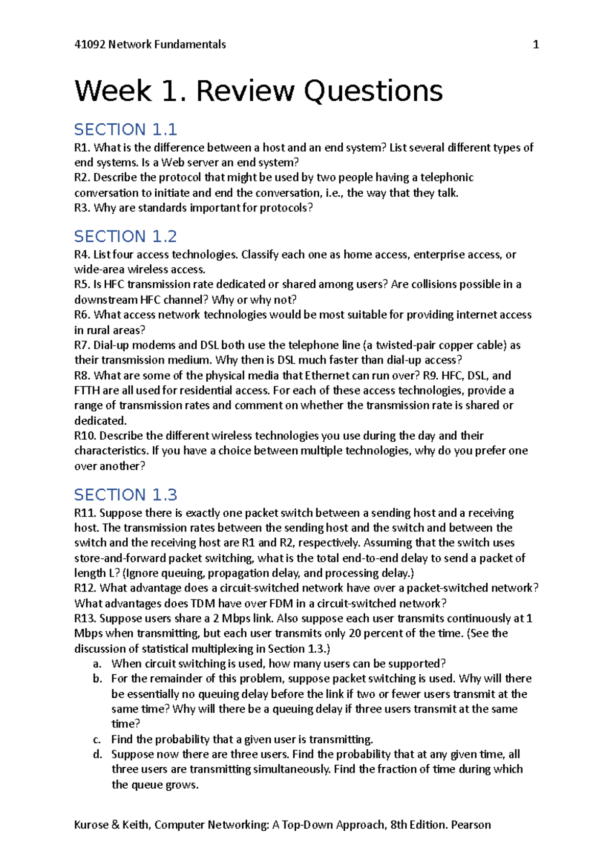 Week1-Review Question - 41092 Network Fundamentals Week 1. Review Questions SECTION 1. R1. What ...