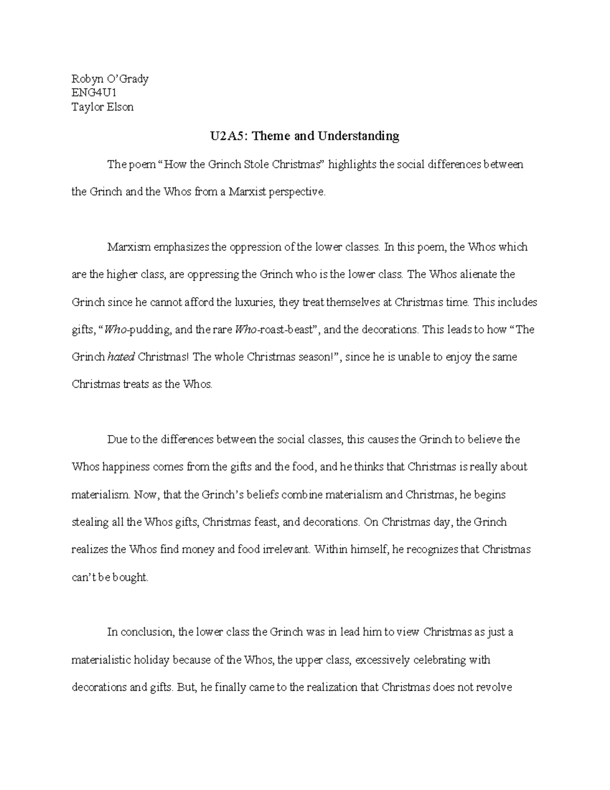 U2A5 - ONLINE SUMMER - Robyn O’Grady ENG4U Taylor Elson U2A5: Theme and ...