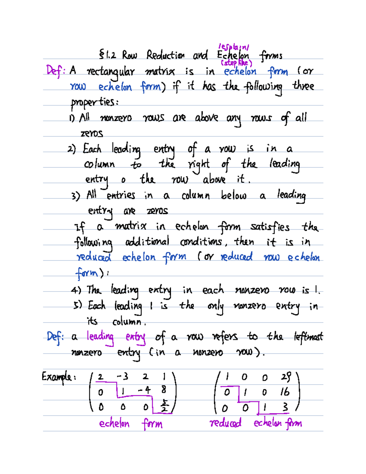Lecture 2(1.2) 2023 - Ye Guibo Notes - 1 Row Reduction and Ǘǜlǒi forms ...