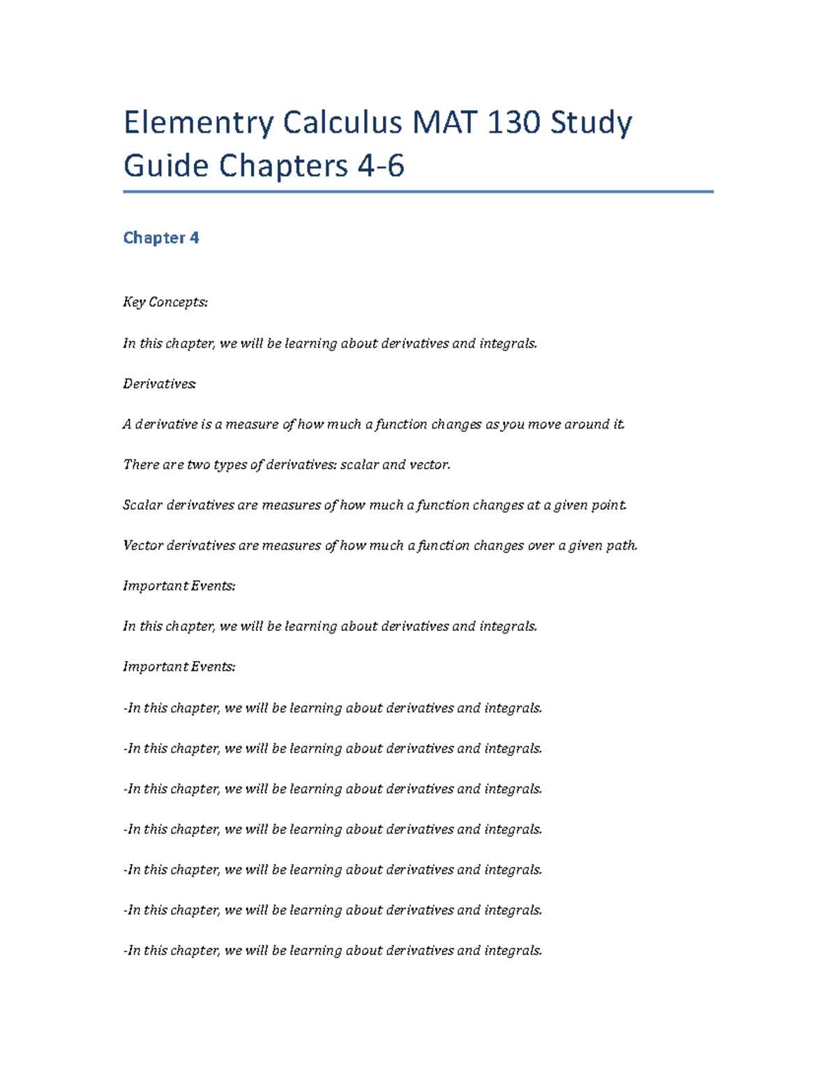 Elementry Calculus MAT 130 Study Guide Chapters 4-6 - Elementry ...