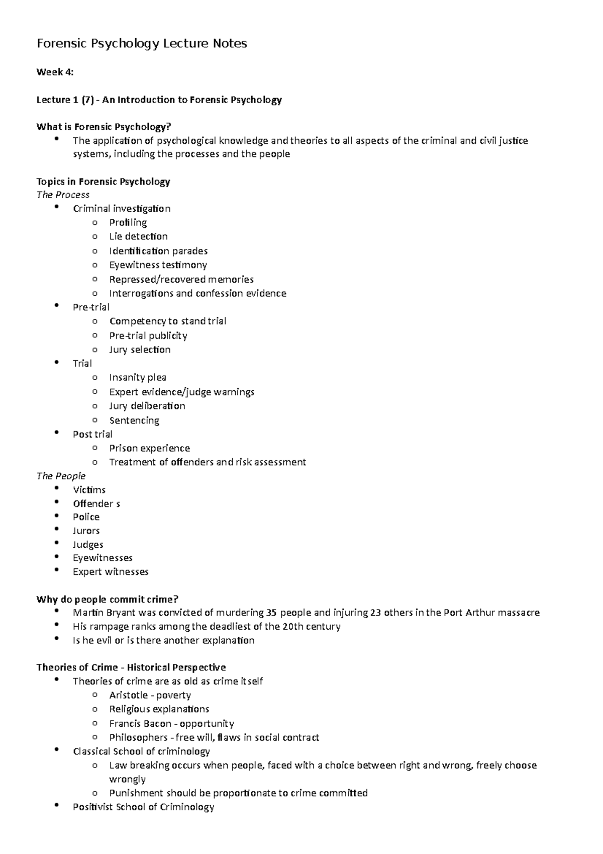 Forensic Psychology Lecture Notes Week 4: Lecture 1 - Studocu