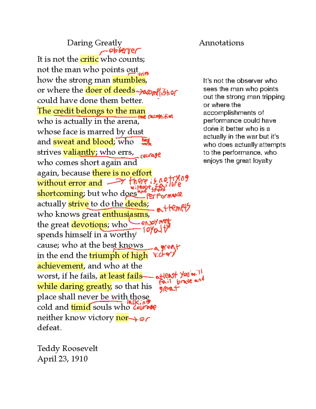 Daring+Greatly+Speech+and+Notes - Daring Greatly It is not the critic ...