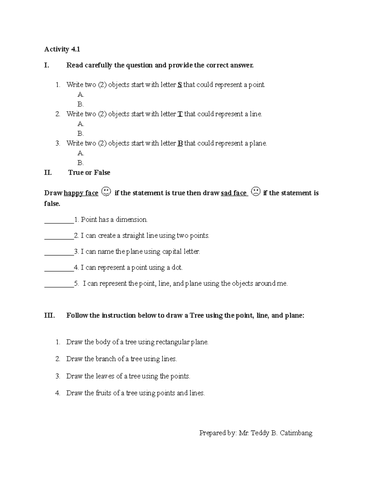 Activity in Undefined Terms - Activity 4. I. Read carefully the ...
