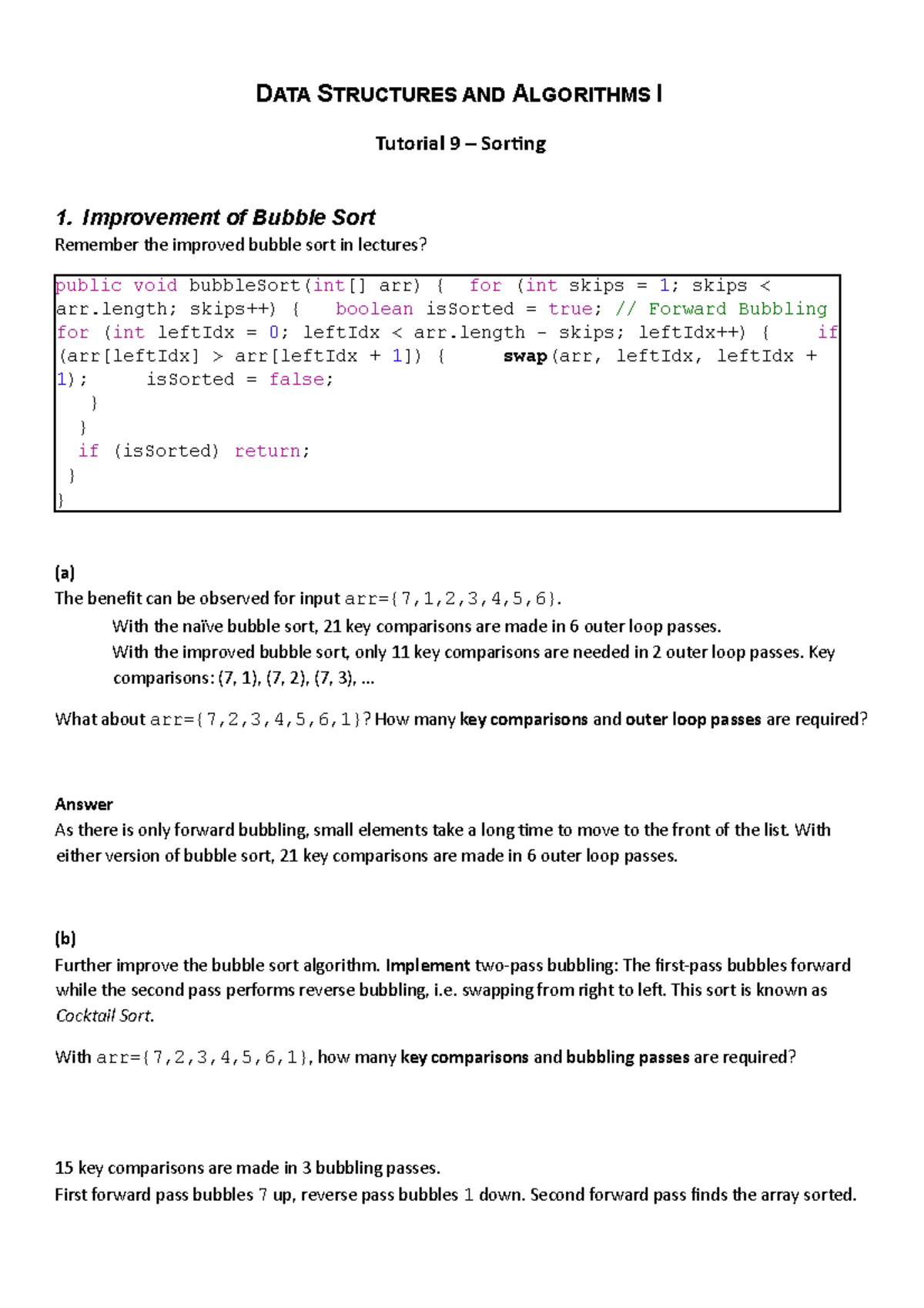 Improvement Of Bubble Sort Data Structures And Algorithms I Tutorial 9 Sorting 1