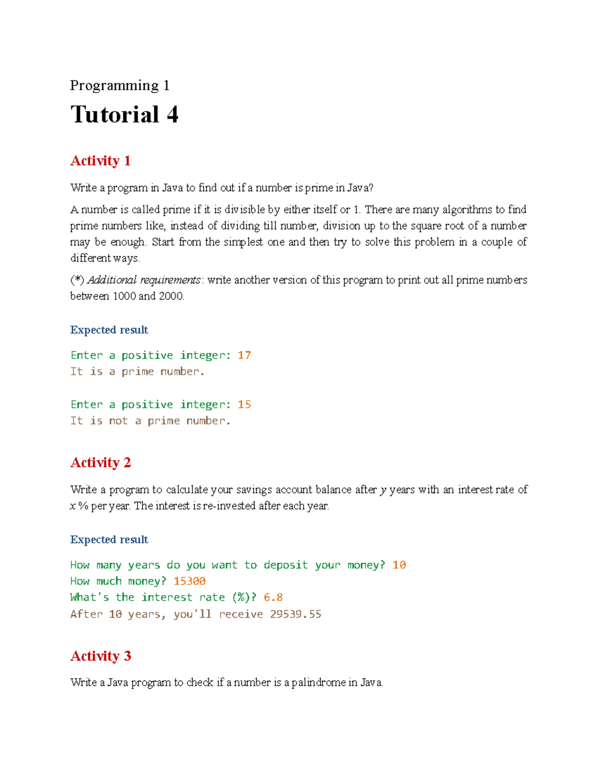 Tutorial 4 Tutorial 1 - Lecture notes 1,3-5,7 - Programming 1 Tutorial ...
